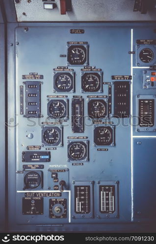 Old airplane control panel in cockpit. Industrial grunge background ...