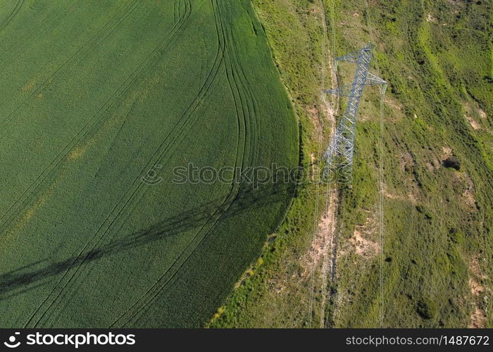 Power lines in the forest. Electric tower line in forest Landscape ...