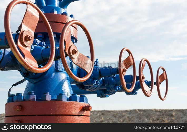 Production wellhead with valve armature. Oil, gas industry.. Wellhead ...