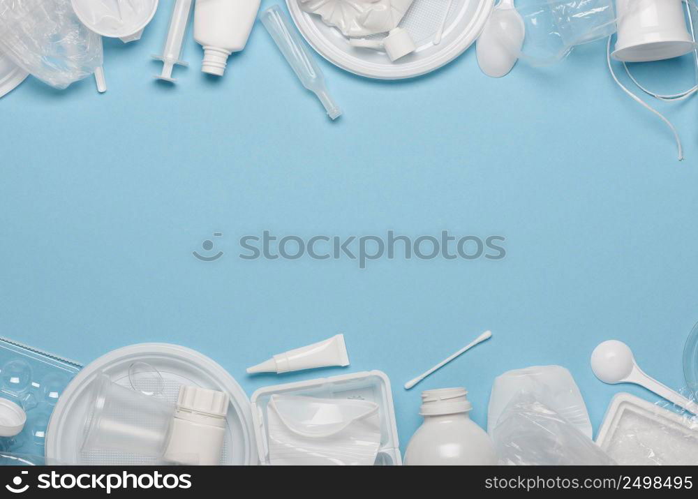 Single-use plastics. Plastic waste, ecological pollution. Frame banner ...