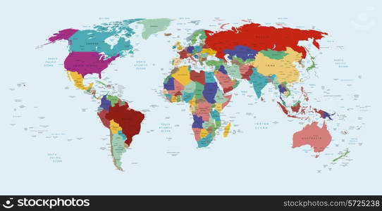 Political world map. Detailed continents, countries borders and names ...